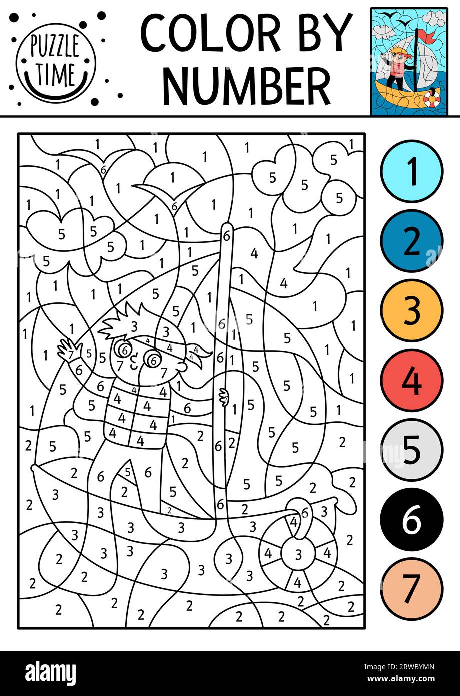 Vector transportation color by number activity with boy on yacht. Water ...