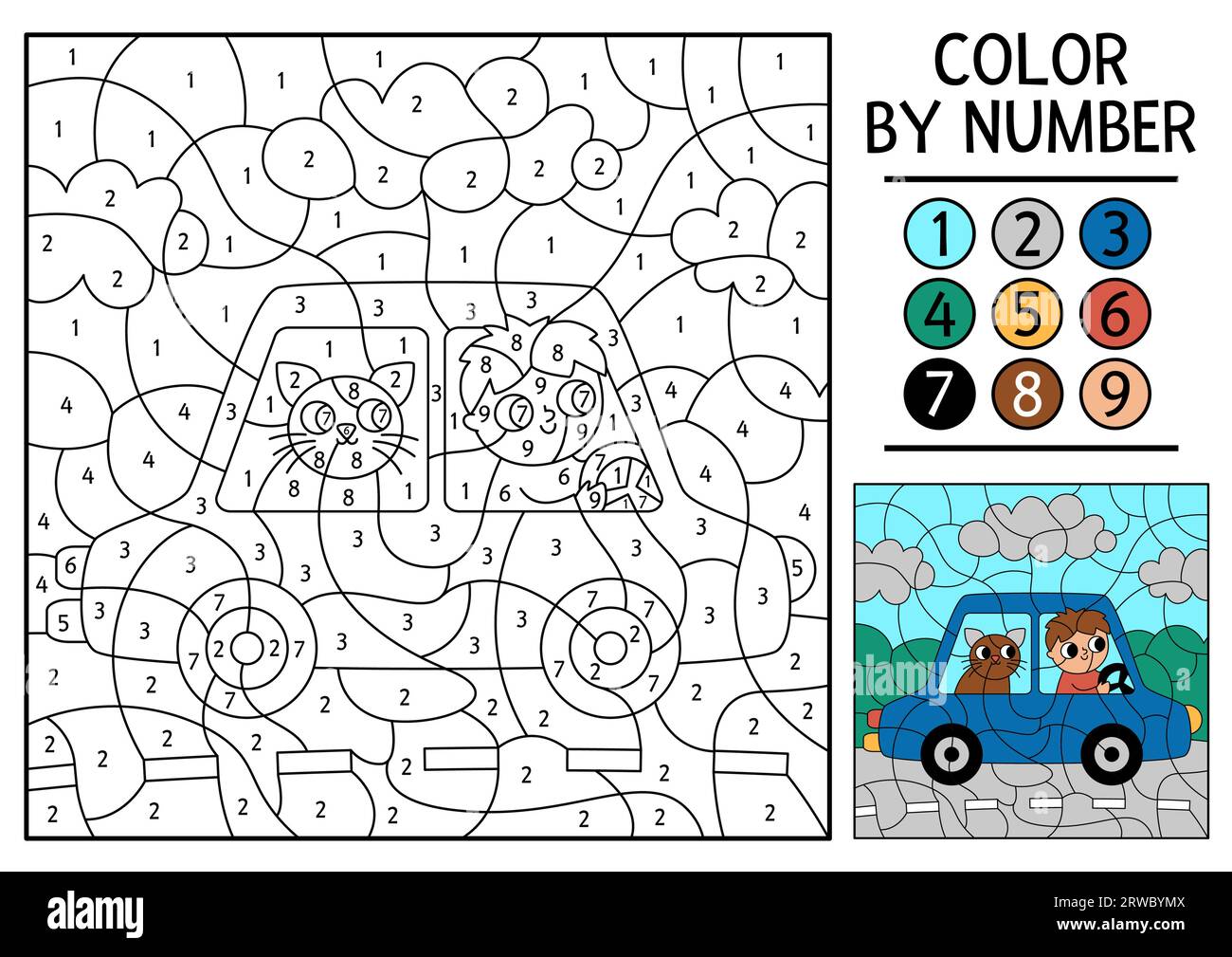 Vector transportation color by number activity with boy driving a car ...