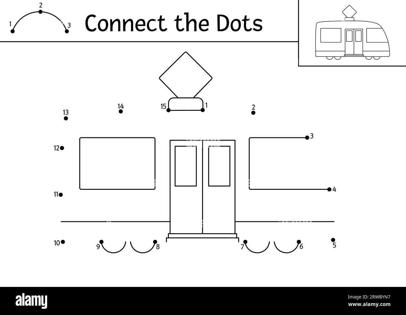 Vector dot-to-dot and color activity with tram. Transportation connect ...