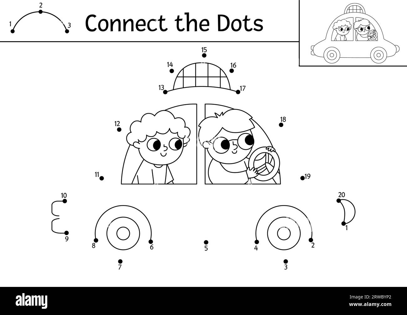 Vector dot-to-dot and color activity with cute cab, driver and ...