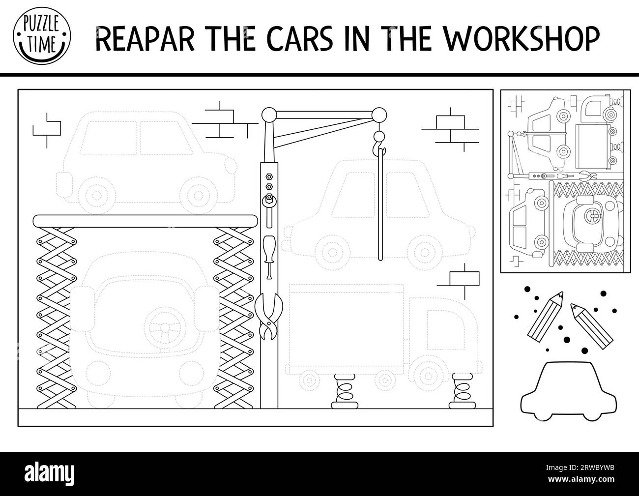 Trace the vehicles in car service picture. Vector transportation ...