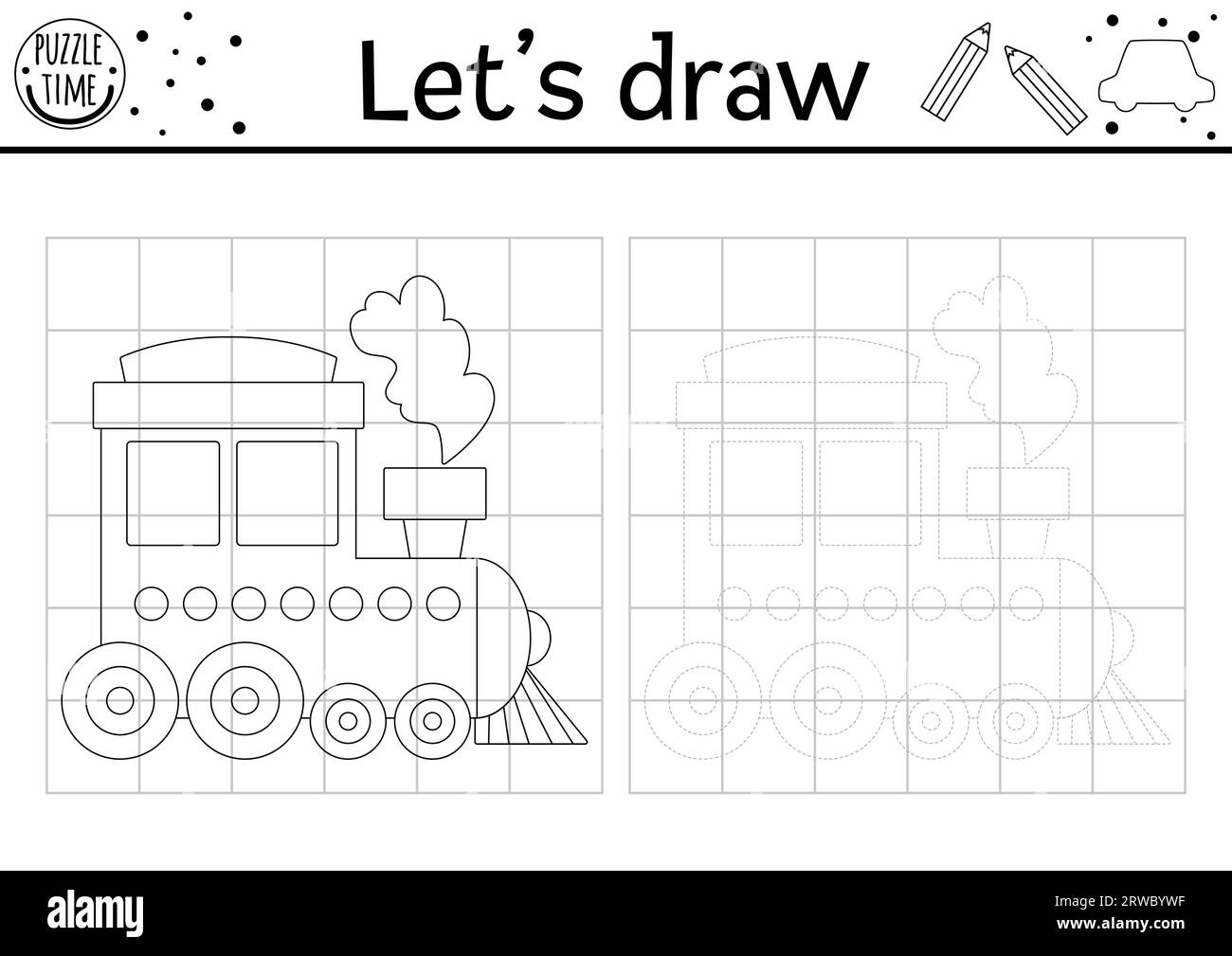 Draw the train. Vector transport drawing practice worksheet. Printable ...