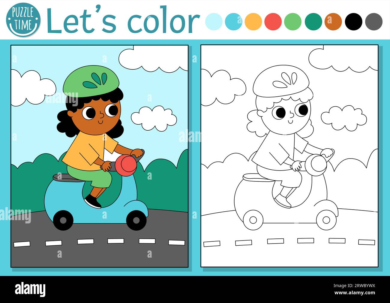 Transportation coloring page for children with girl on a scooter ...