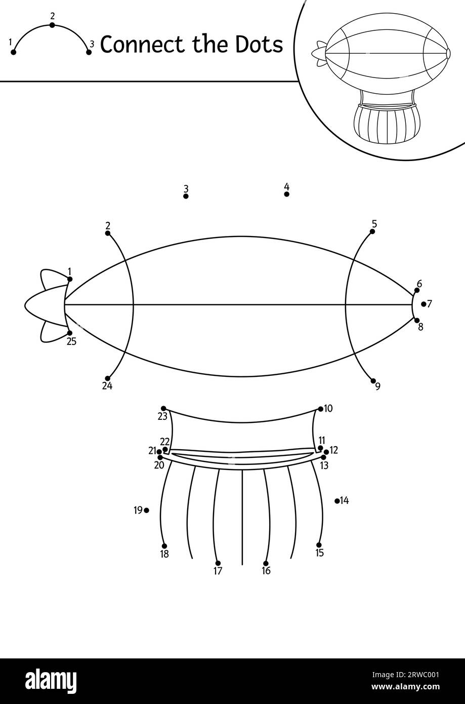 Vector dot-to-dot and color activity with cute zeppelin. Transportation ...