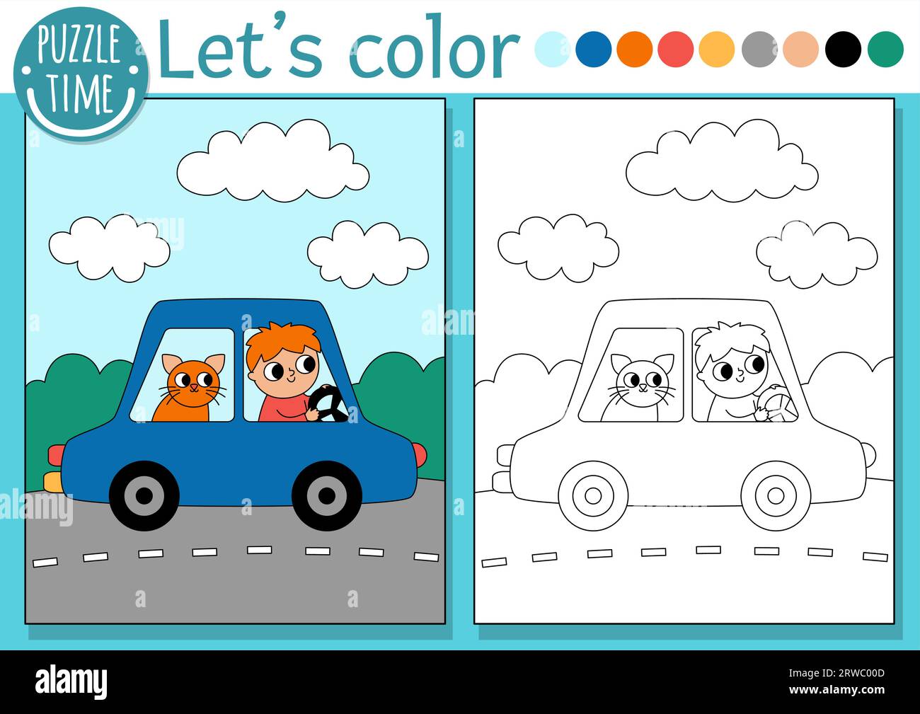 Transportation coloring page for children with car, driver, cat. Vector ...