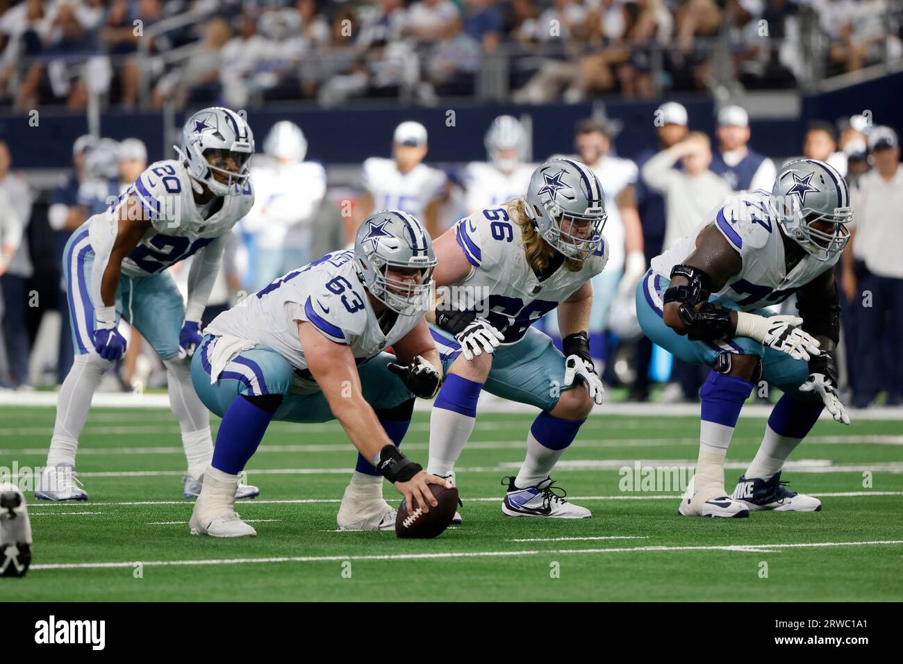 Dallas Cowboys running back Tony Pollard (20), center Tyler Biadasz (63), guard T.J. Bass (66 ...
