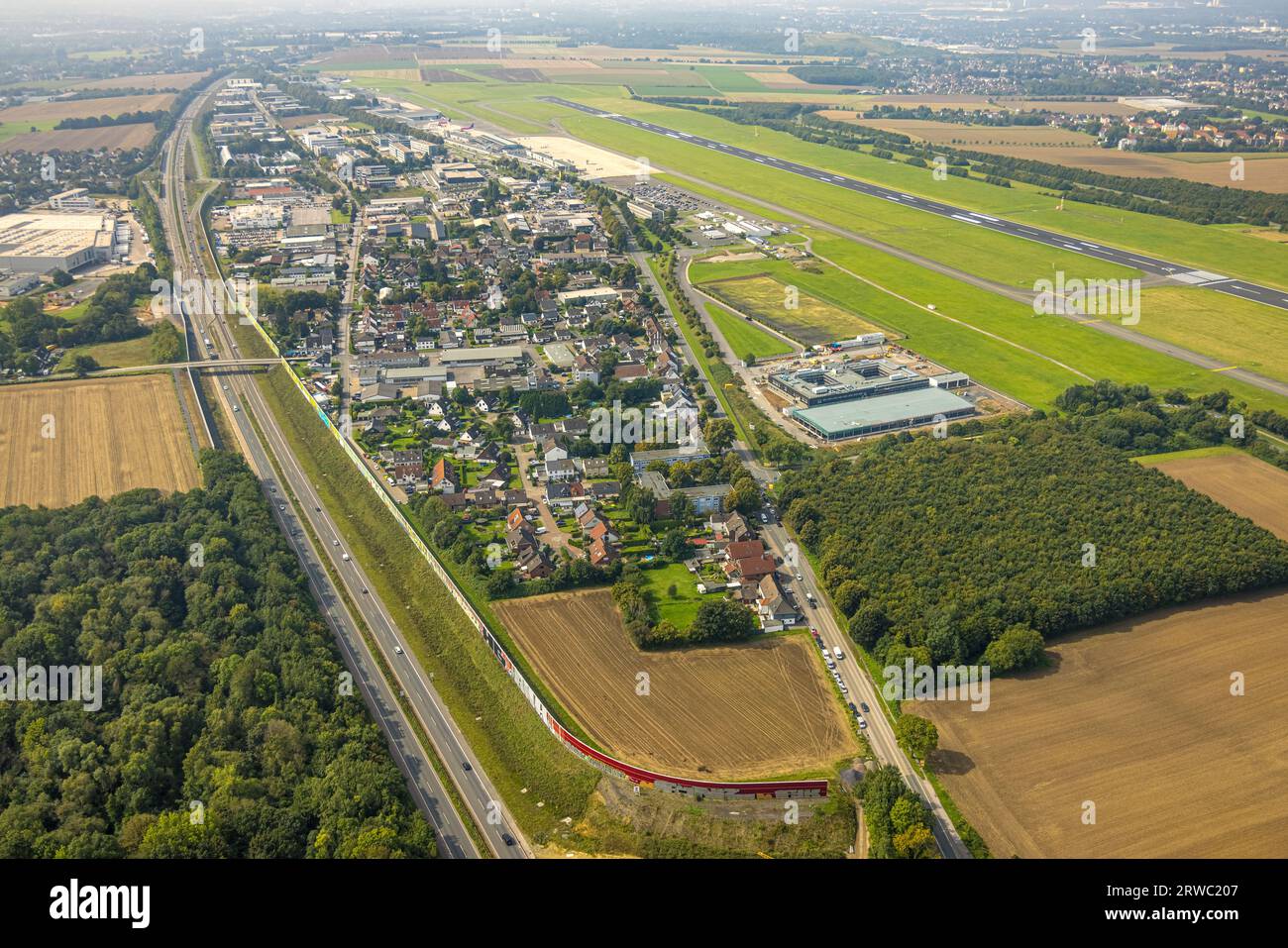 Aerial view, Dortmund Airport and industrial area, construction site for a new police building ...