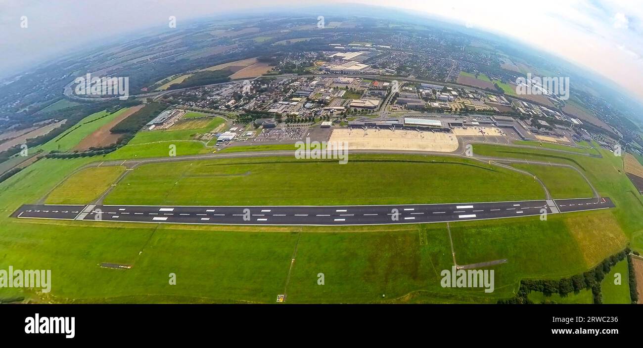 Aerial photo, Dortmund Airport, runway, industrial area, globe, fisheye ...