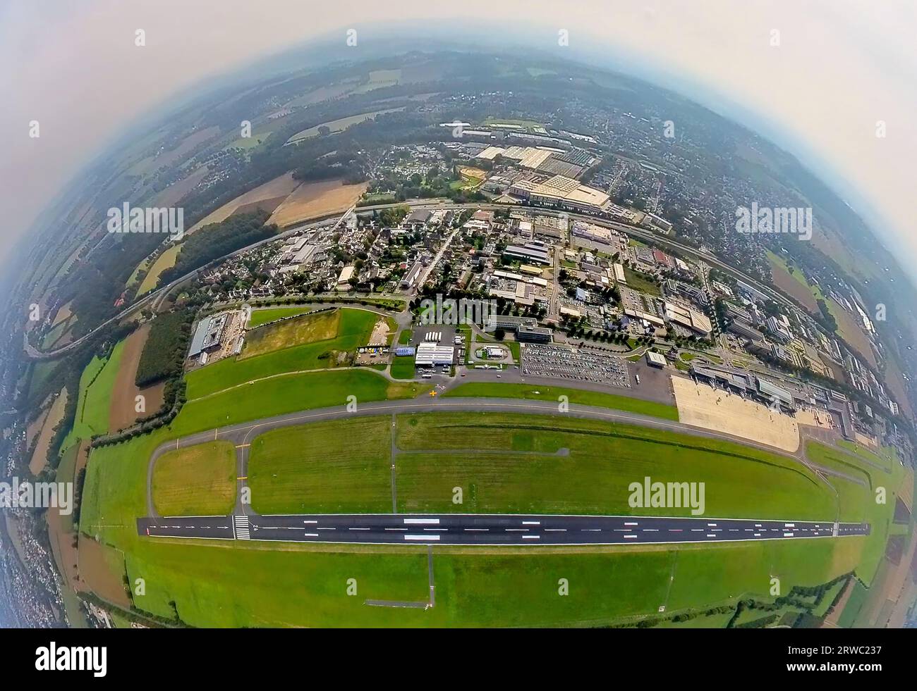 Aerial photo, Dortmund Airport, runway, industrial area, globe, fisheye ...