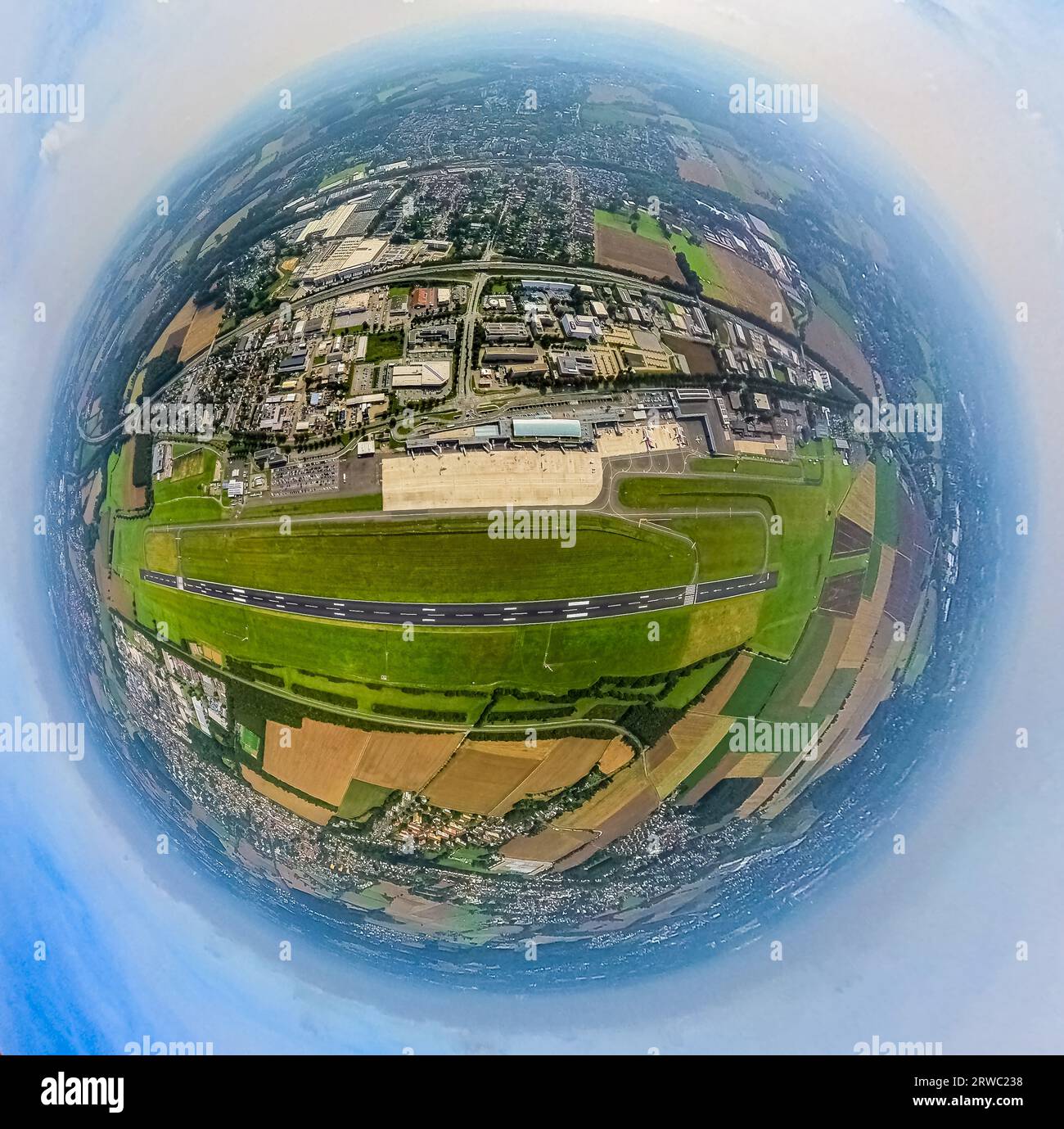 Aerial photo, Dortmund Airport, runway, industrial area, globe, fisheye ...