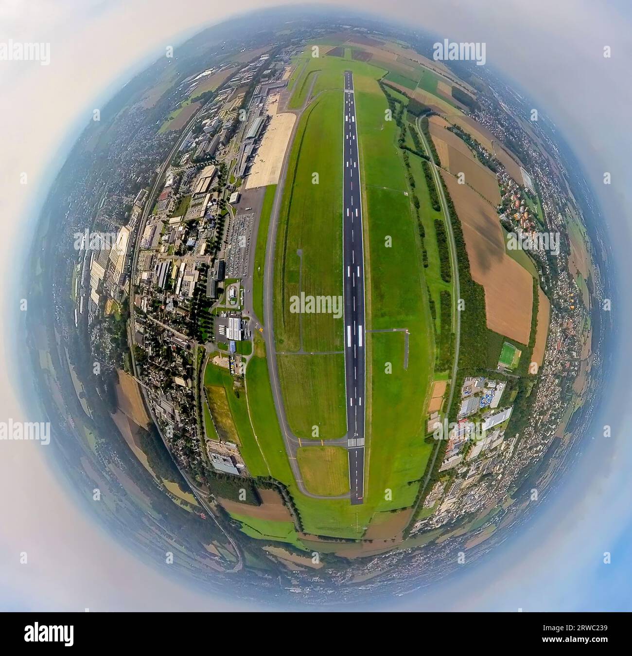 Aerial photo, Dortmund Airport, runway, globe, fisheye shot, 360 degree ...