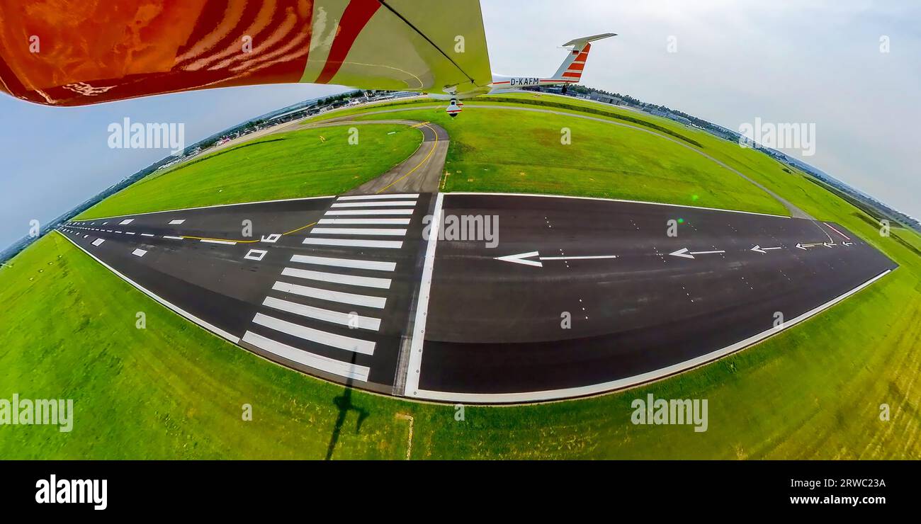 Aerial photo, Dortmund Airport, runway, motor glider Hoffmann Dimona ...