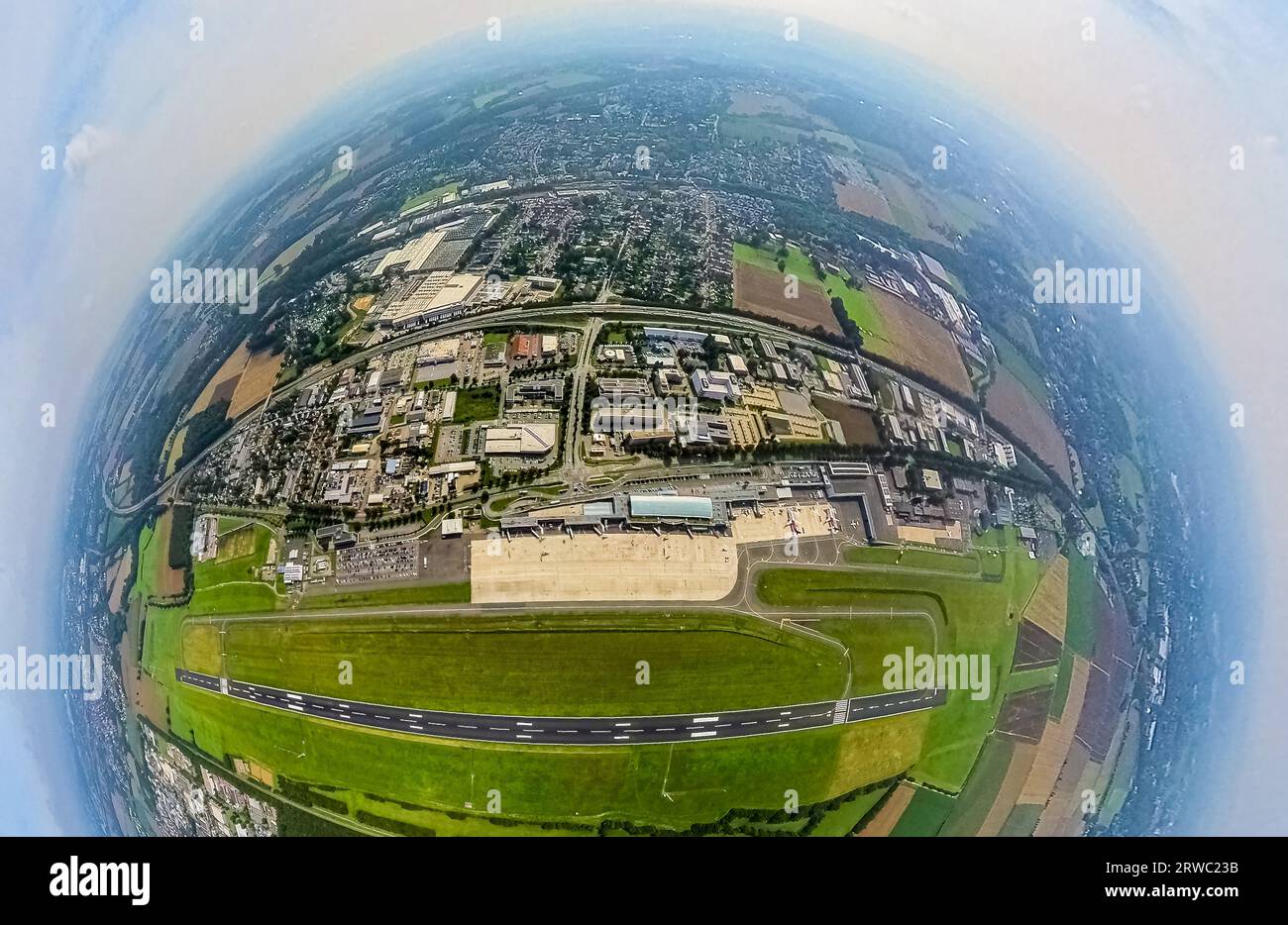 Aerial photo, Dortmund Airport, runway, industrial area, globe, fisheye ...