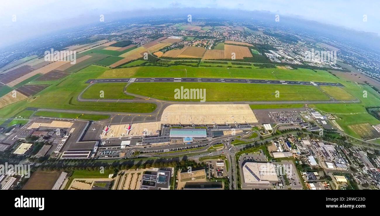 Aerial photo, Dortmund Airport, runway, globe, fisheye shot, 360 degree ...