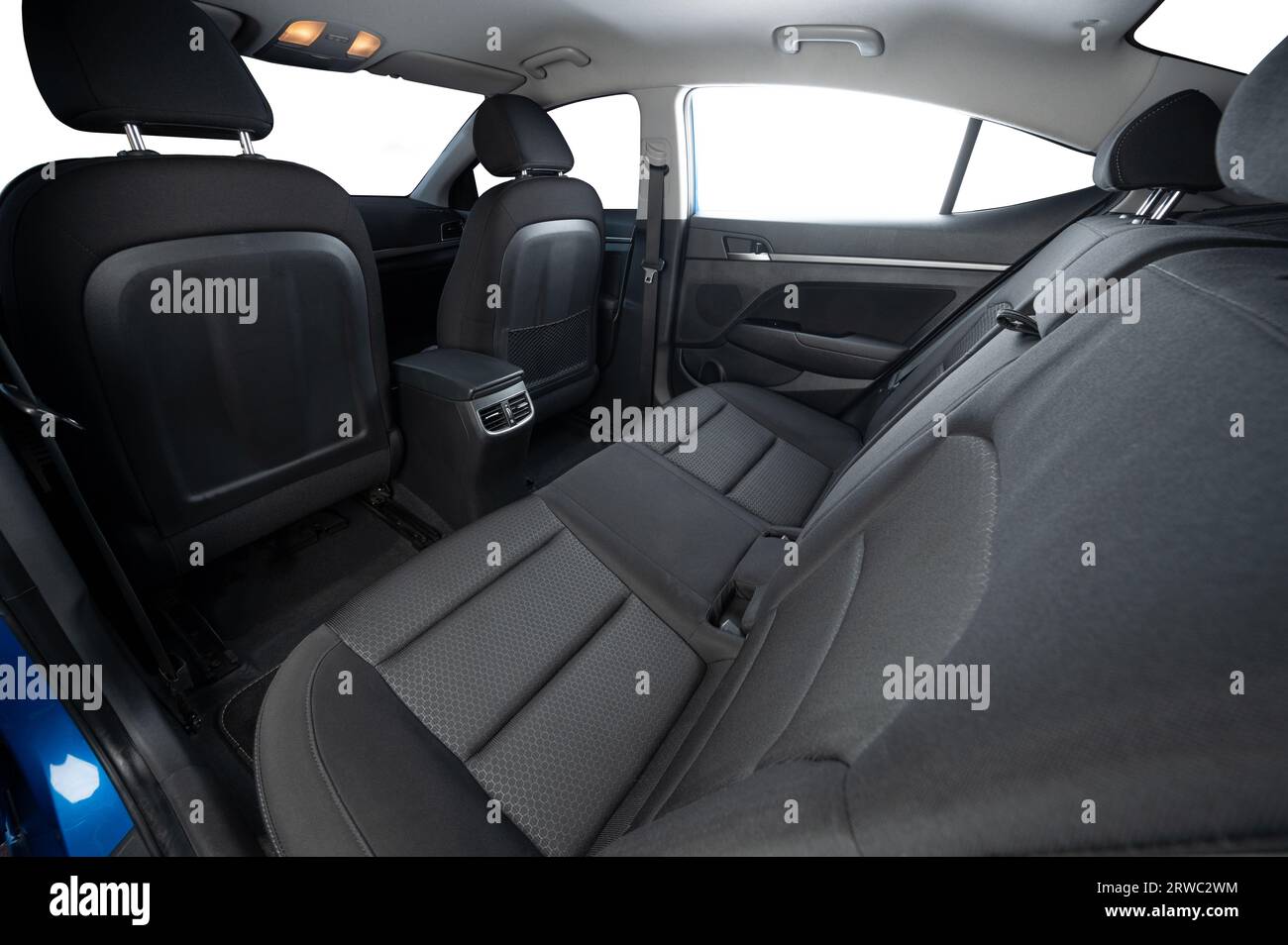 Comfortable car interior with cloth seats rear view with isolated ...