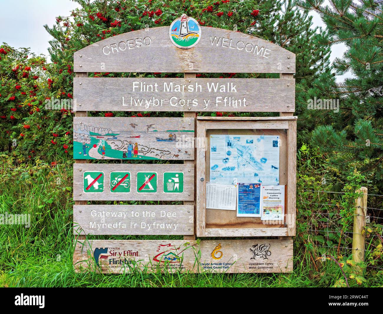 Fflint north wales wooden sign at the start of the marsh footpath ...