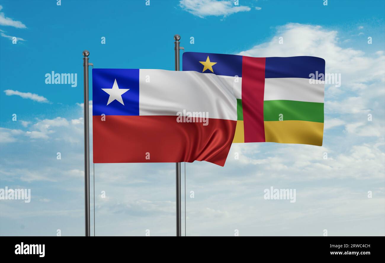 Central African Republic flag and Chile flag waving together on blue ...