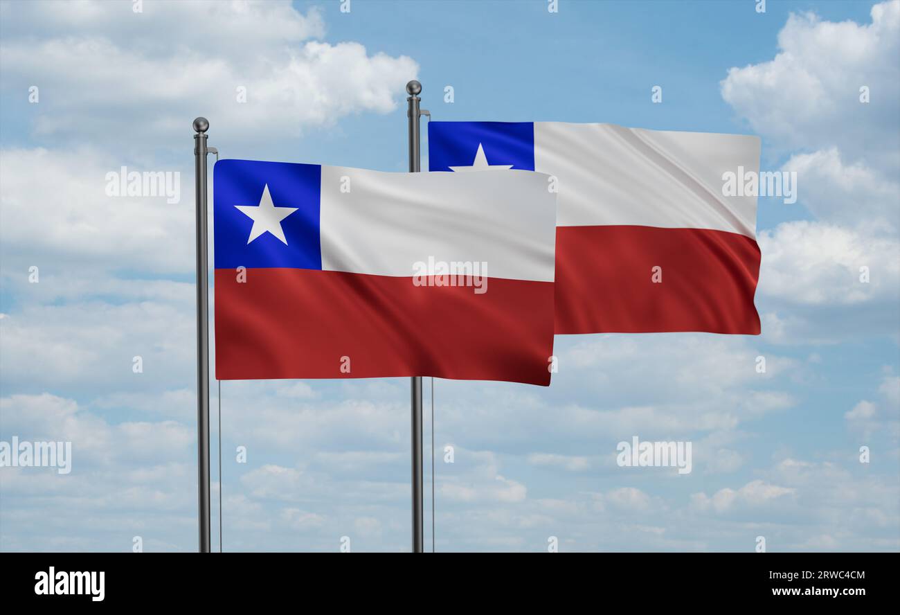 Two Chile flag waving together on blue sky, two country cooperation ...