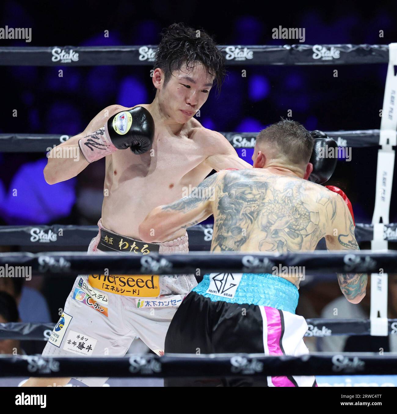 Japanese boxer Kenshiro Teraji (L) throws a punch against South Africa ...