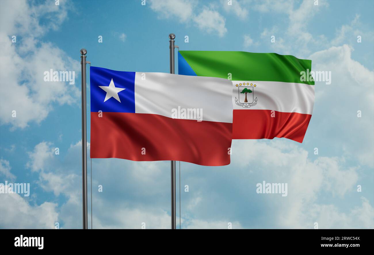 Equatorial Guinea flag and Chile flag waving together on blue sky, two ...