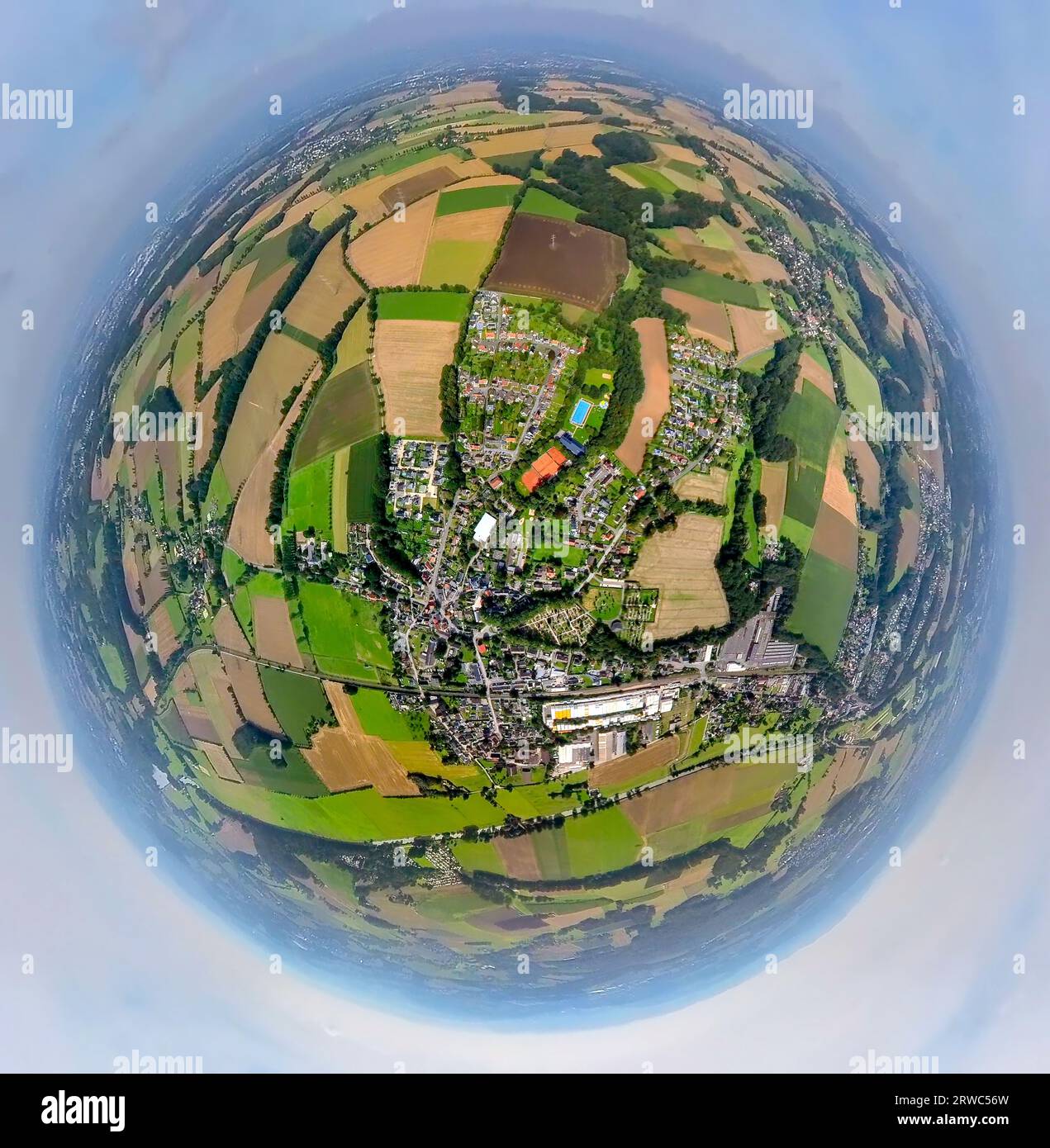 Aerial view, village Dellwig, surrounded by meadows and fields, globe ...
