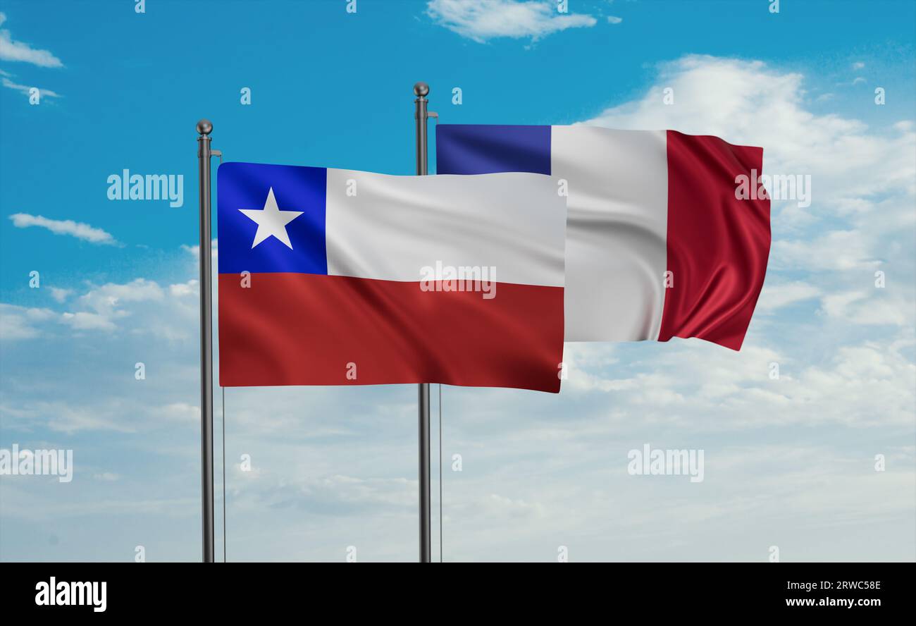 Chile and France flags waving together on blue sky, two country ...