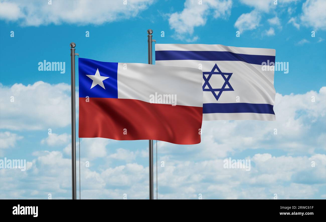 Israel flag and Chile flag waving together on blue sky, two country ...