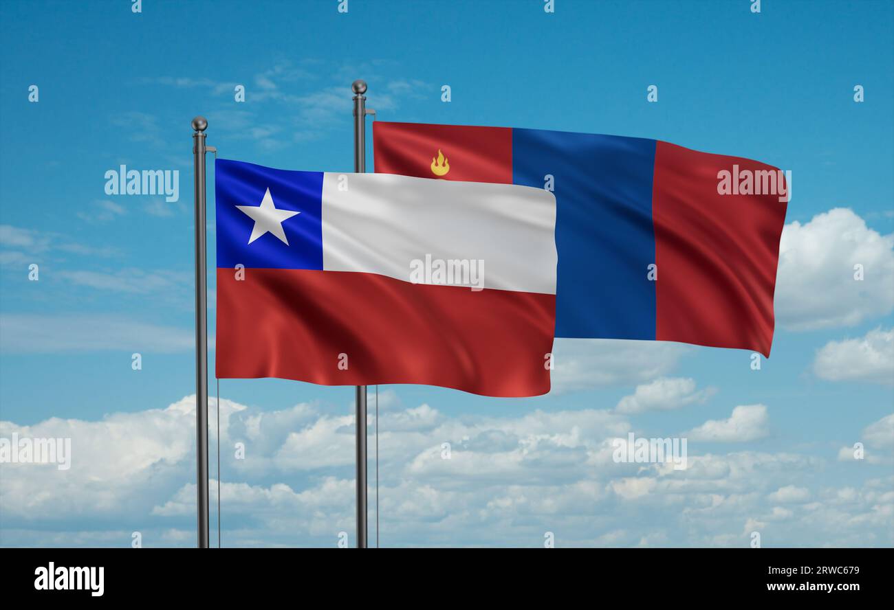 Mongolia and Chile flag waving together in the wind on blue sky, two ...