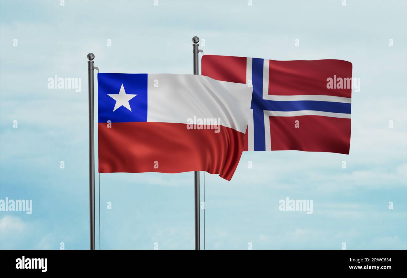Norway flag and Chile flag waving together on blue sky, two country ...