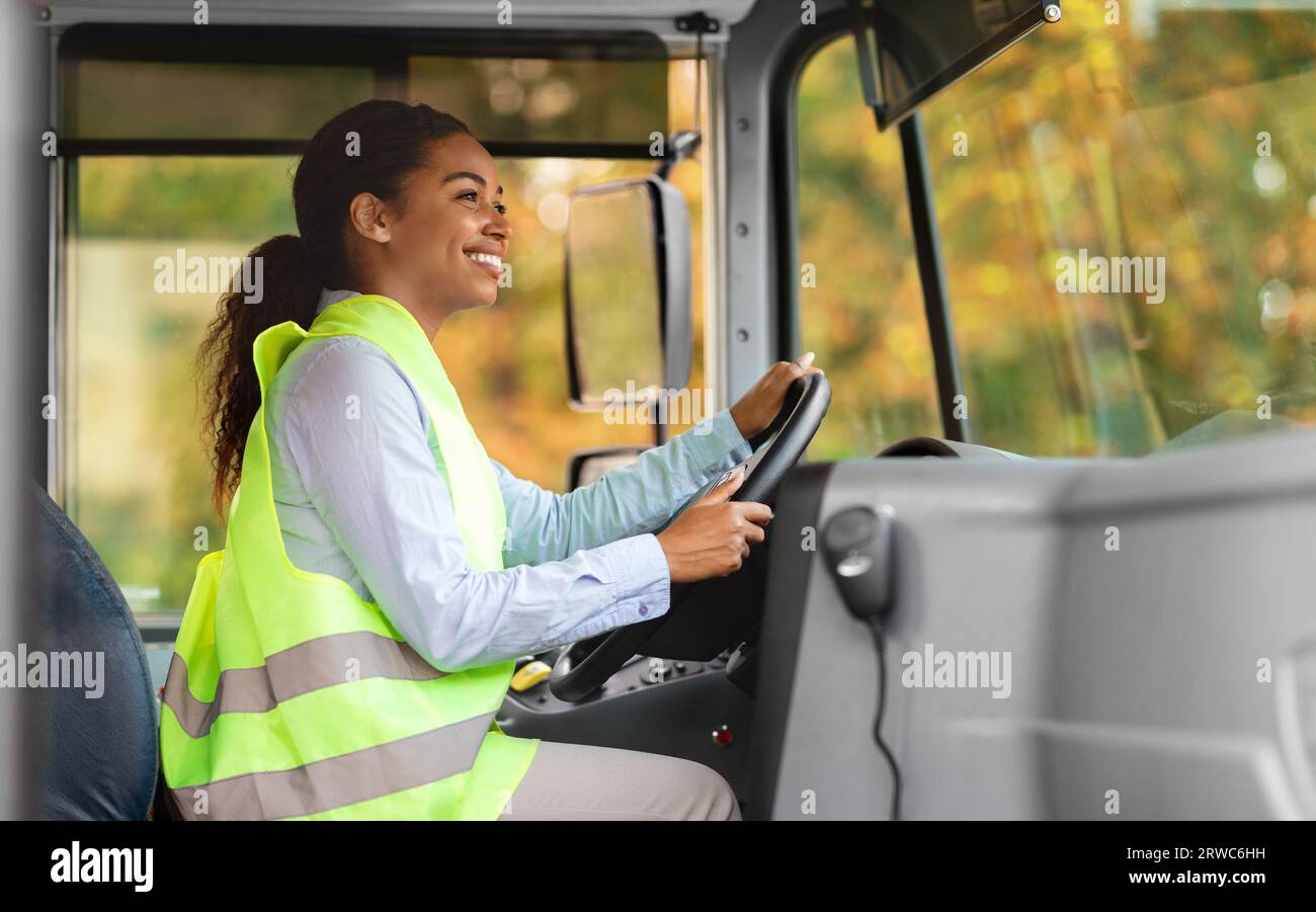 Portrait Of Beautiful Smiling Black Driver Woman Driving Public Bus ...