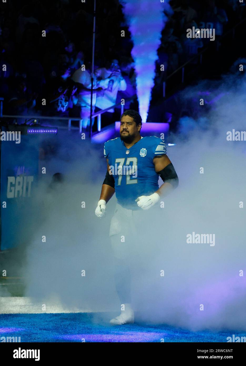 Detroit Lions guard Halapoulivaati Vaitai (72) is introduced before an ...