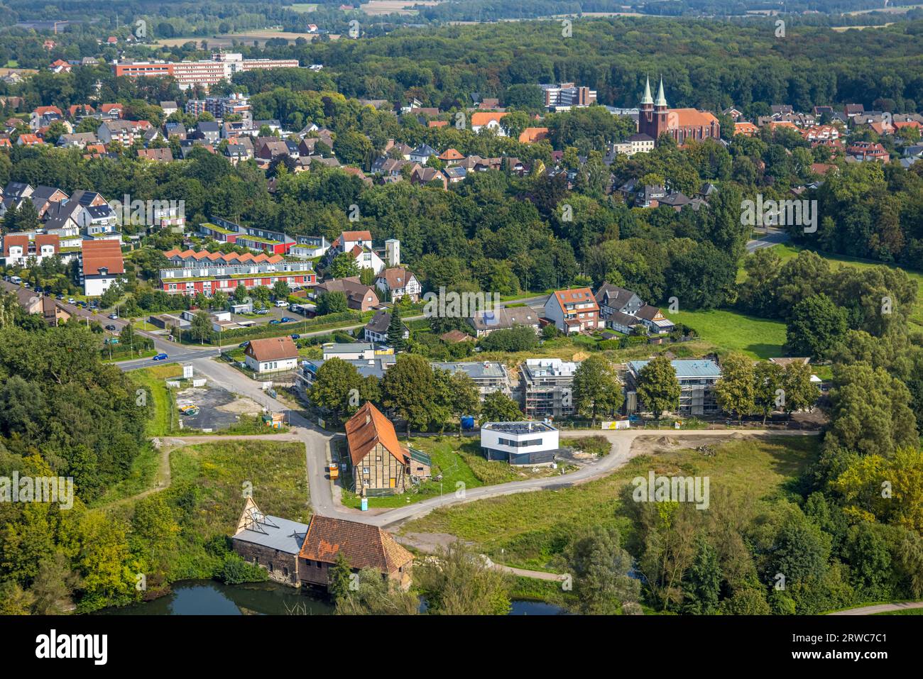 Aerial view, castle mill Heessen at mill ditch and mill pond with ...