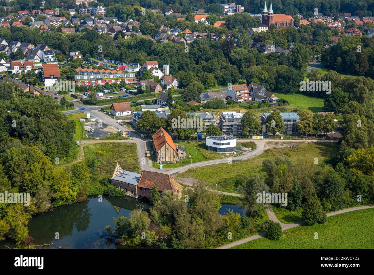 Aerial view, castle mill Heessen at mill ditch and mill pond with ...