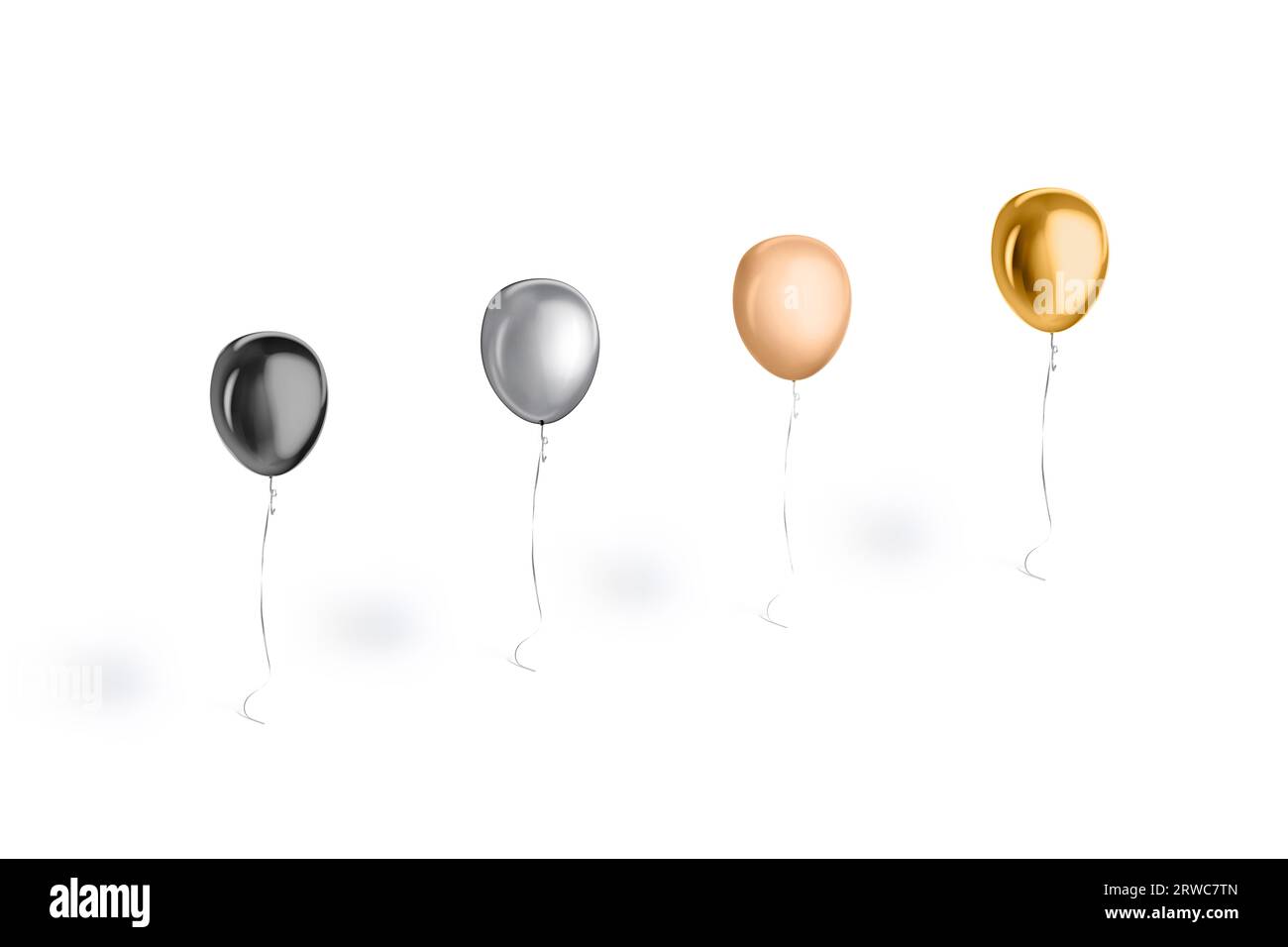 Blank black, silver and gold round balloon flying mockup, isolated, 3d ...