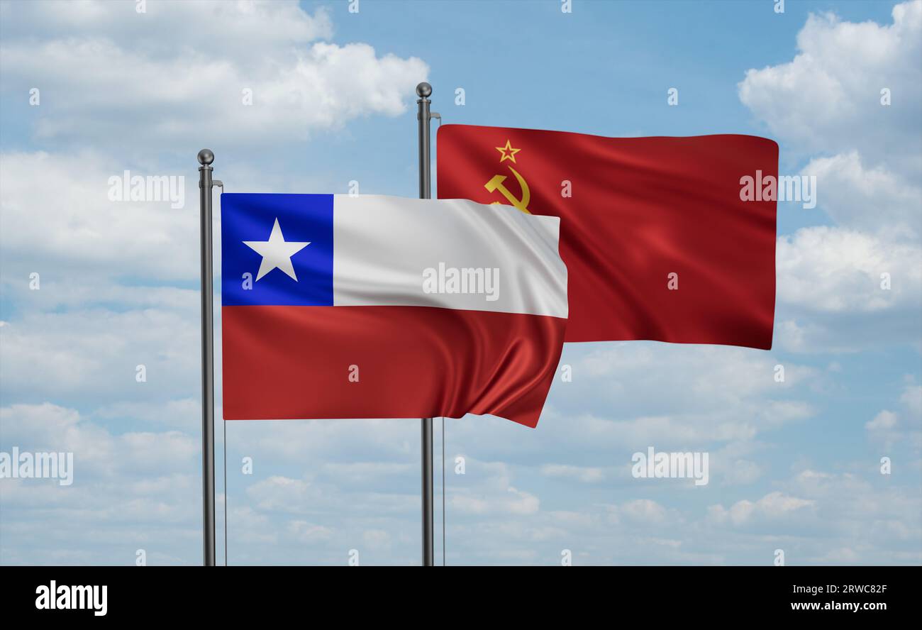 Soviet Union or USSR and Chile flag waving together in the wind on blue ...