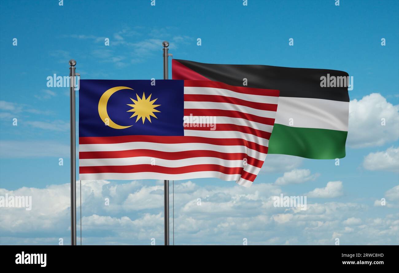 Jordan and Malaysia flag waving together in the wind on blue sky, two ...