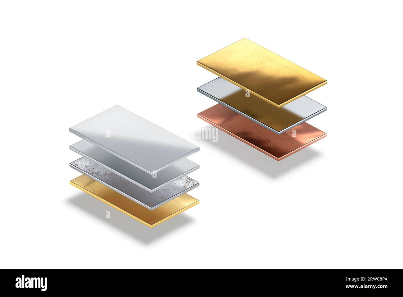 Blank gold, silver, bronze metal material layers mockup, 3d rendering. Empty metallic, golden ...