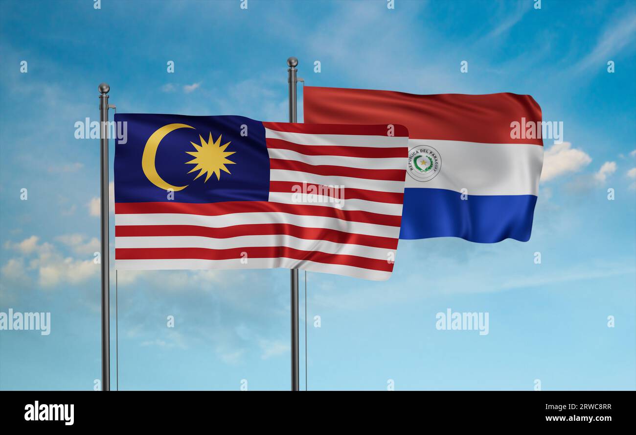 Paraguay flag and Malaysia flag waving together on blue sky, two ...
