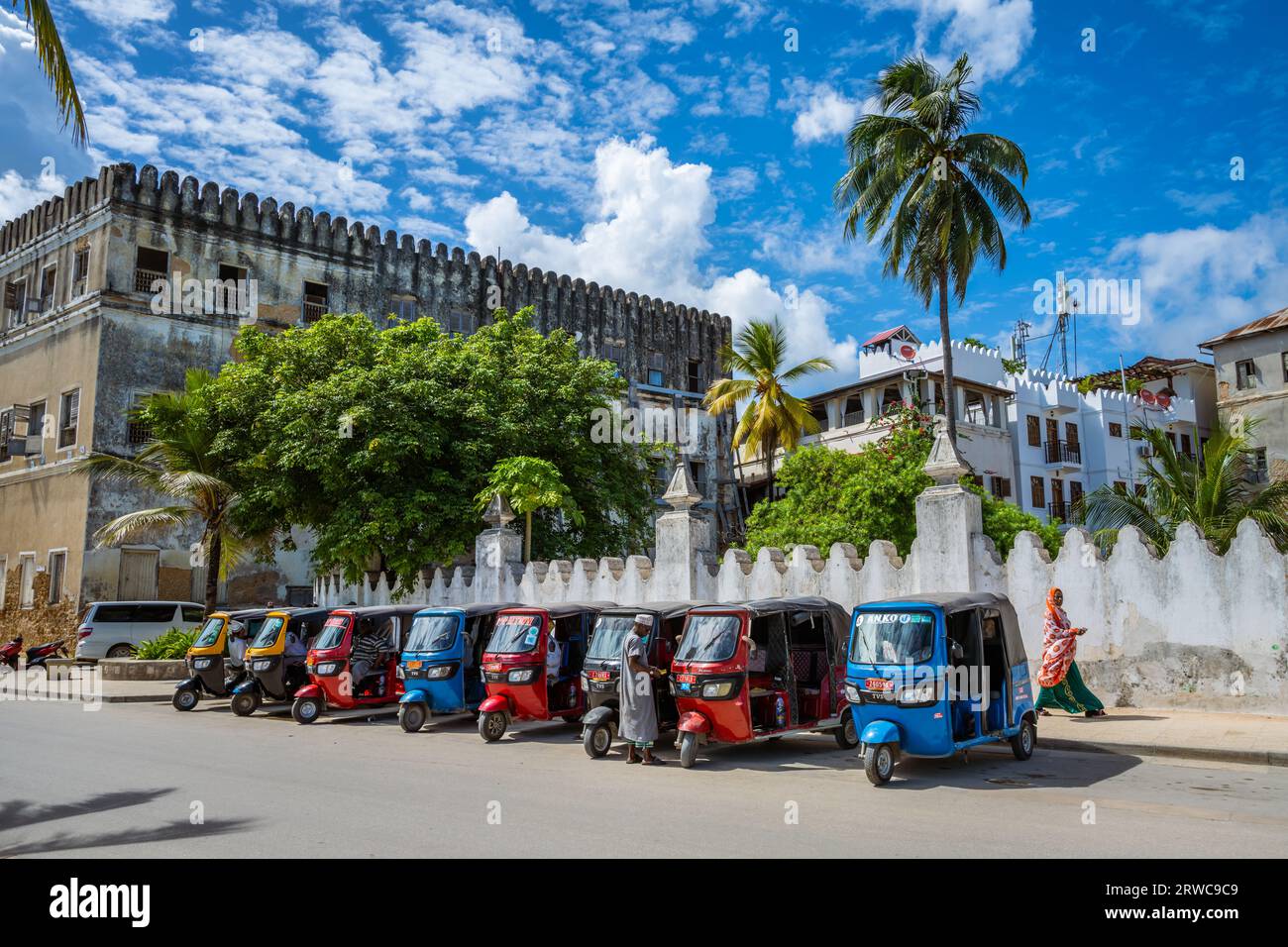 bajaji tuk tuk transport parked in Stone Town in Zanzibar, Tanzania ...