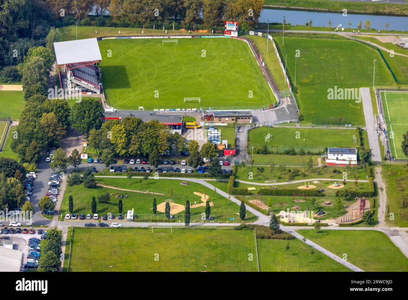 Aerial view, sports field 24nexx Arena in sports center east, center ...