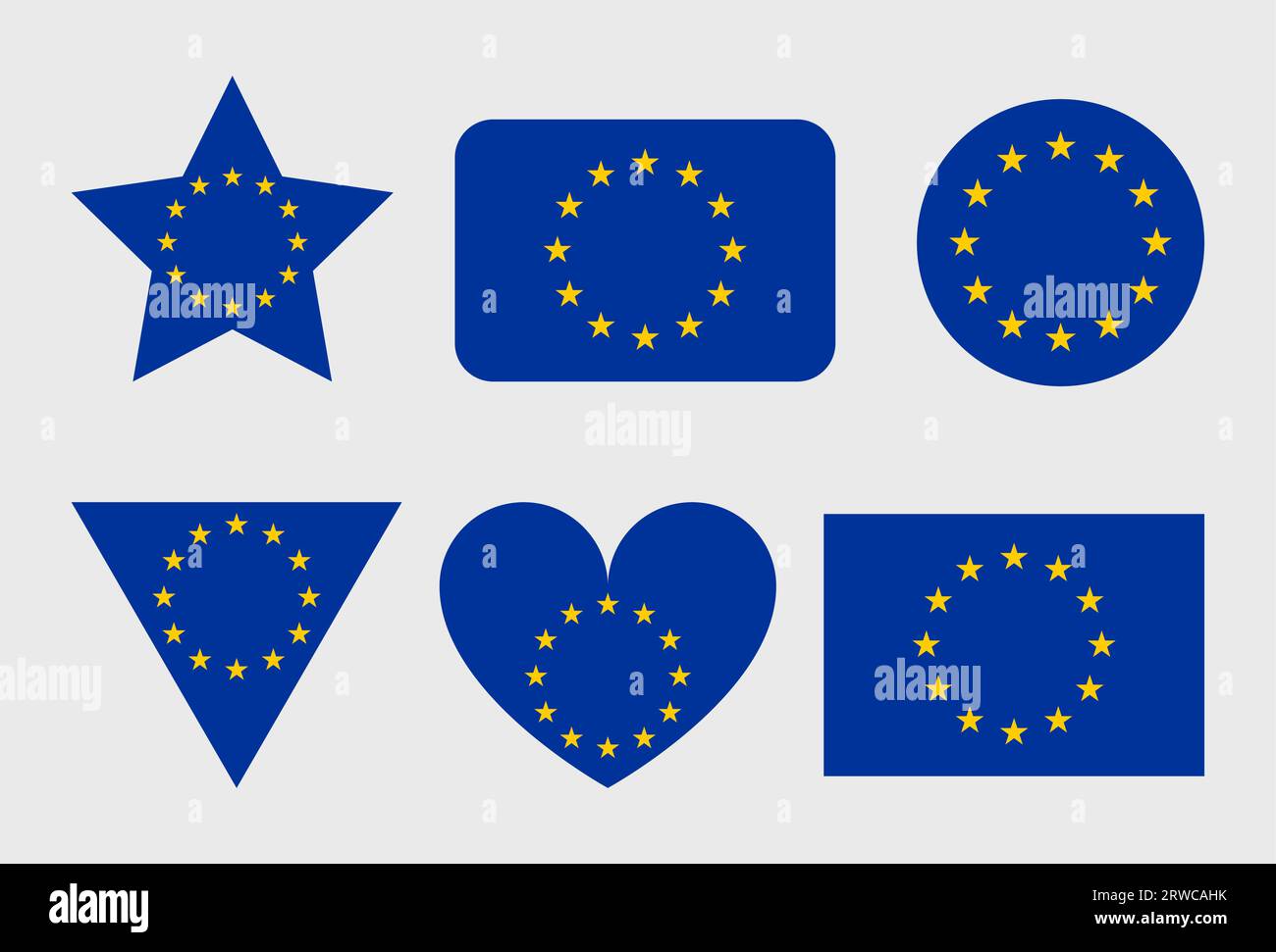 European Union flag vector icons set in the shape of heart, star and ...