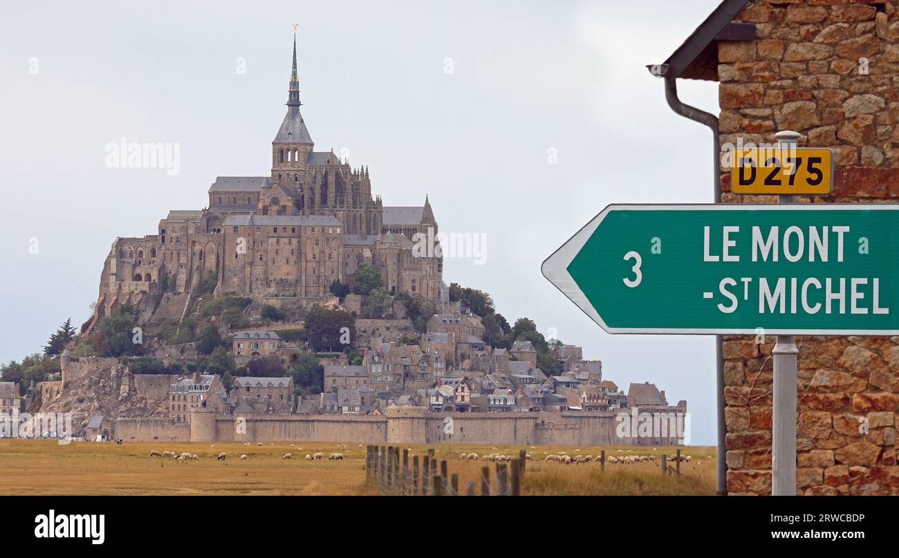 Arrow to LE MONT SAINT MICHEL famous abbey in northern France Stock ...