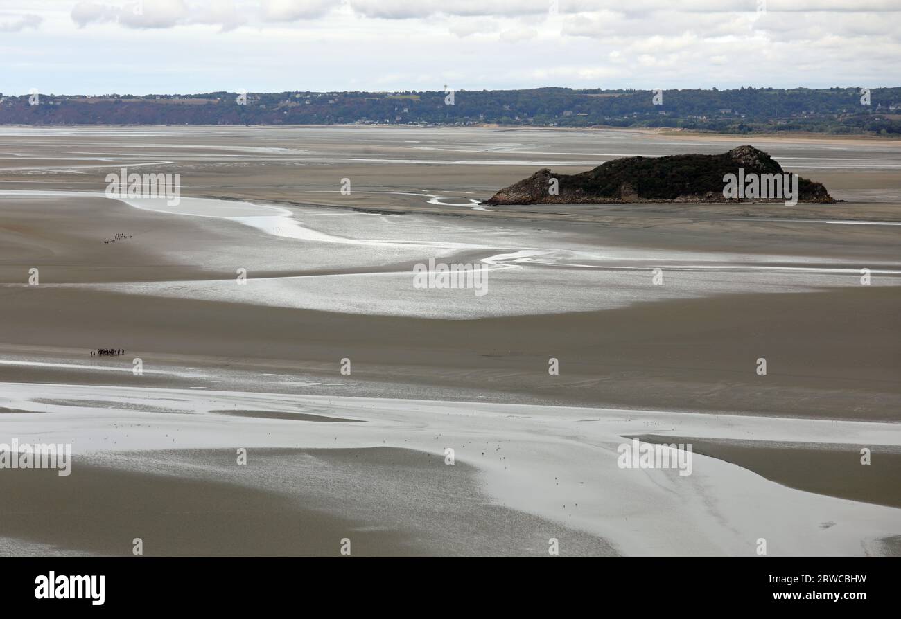 panorama from St. Michel mountain in Normandy in France during low tide ...