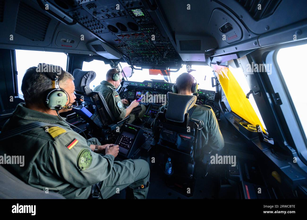 18 September 2023, Latvia, Riga: The crew in the cockpit of an Airbus ...