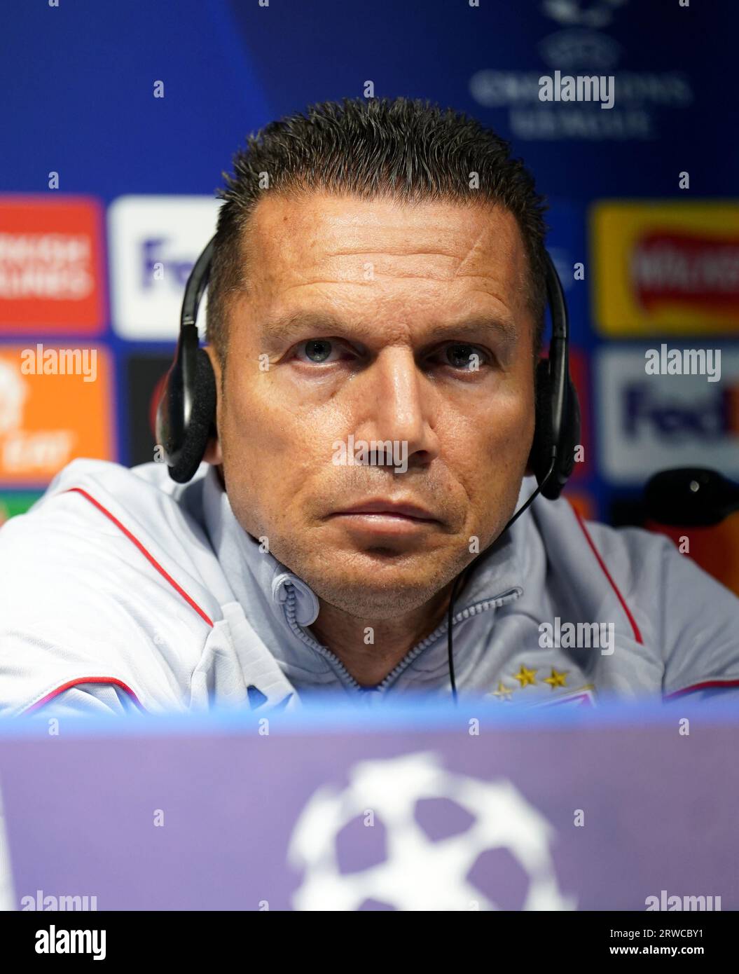 Red Star Belgrade manager Barak Bakhar during a press conference at ...