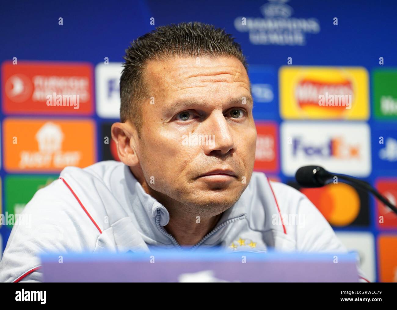 Red Star Belgrade manager Barak Bakhar during a press conference at ...