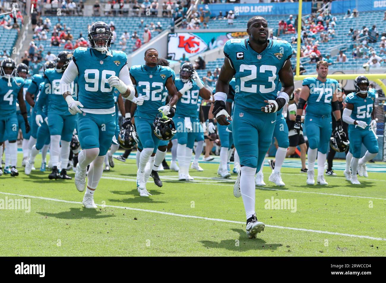 Jacksonville Jaguars linebacker Foyesade Oluokun (23) leads his team to the locker room before ...