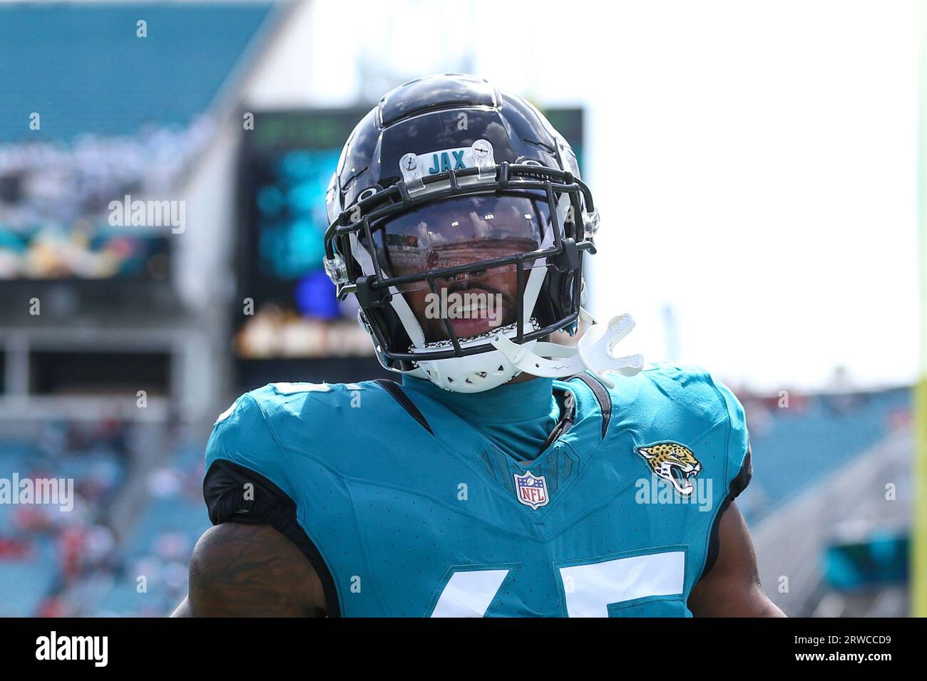 Jacksonville Jaguars linebacker K'Lavon Chaisson (45) warms up before ...