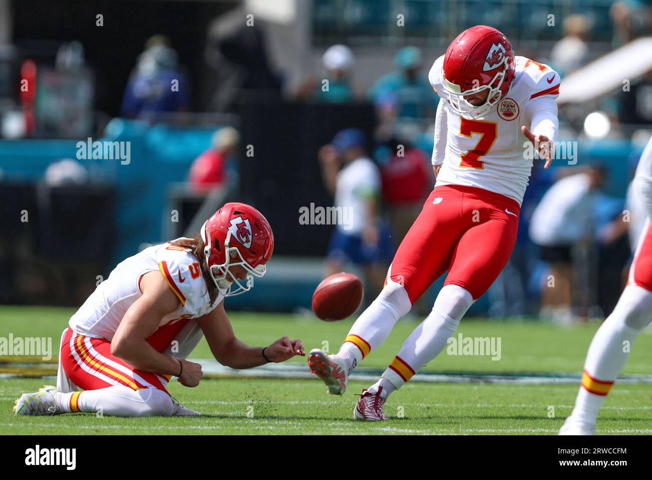 Kansas City Chiefs place kicker Harrison Butker (7) and Tommy Townsend ...