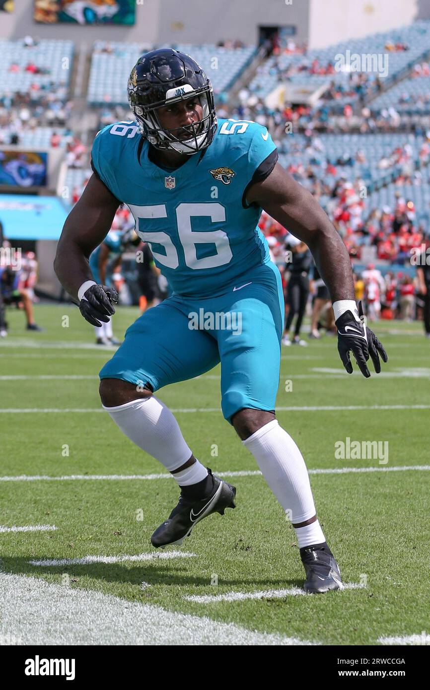 Jacksonville Jaguars linebacker Yasir Abdullah (56) warms up before an ...